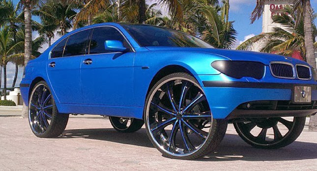 Oh, My…Bangle's BMW 7-Series in a Blue Aluminum Wrap Riding on Stilts ...