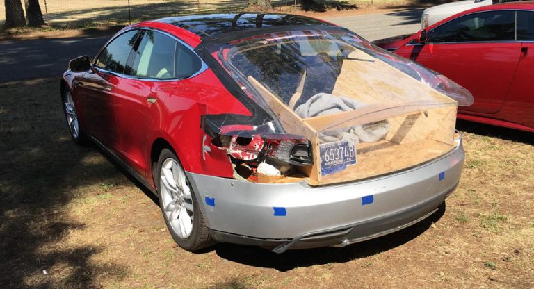 Cheapskate Or Genius? Tesla Model S Gets Wooden DIY Repairs | Carscoops