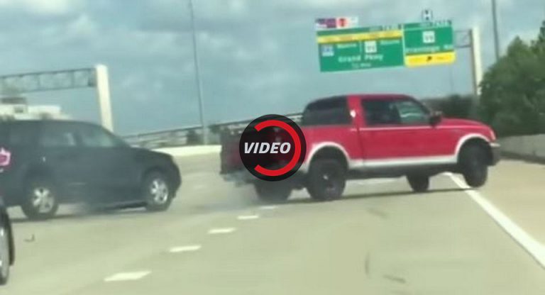 Red Pickup Loses Control On The Highway, Hits Concrete Barrier | Carscoops