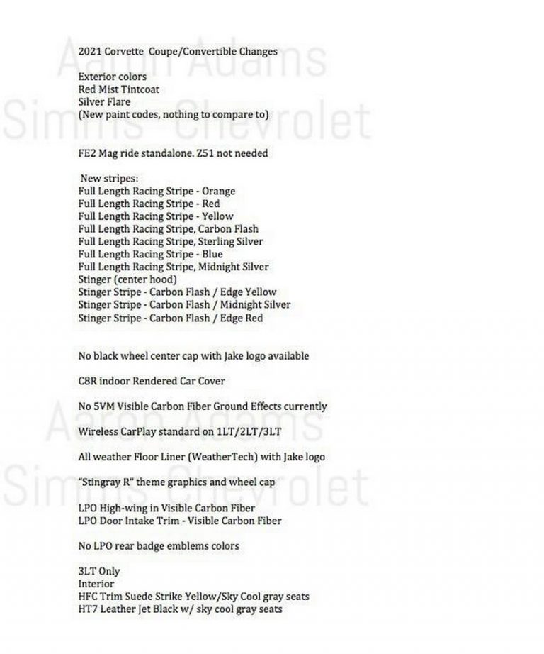 Leaked 2021 Corvette C8 Order Sheet Reveals New Colors, Stripe Options ...