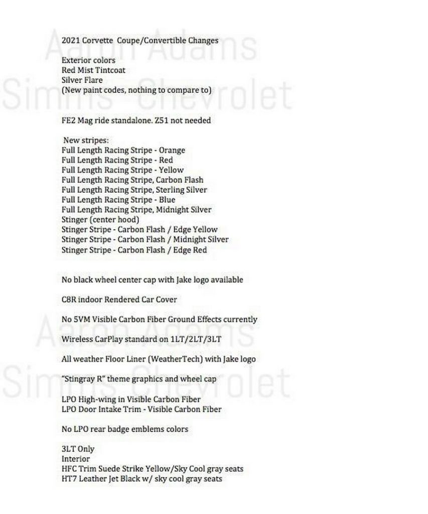 Leaked 2021 Corvette C8 Order Sheet Reveals New Colors, Stripe Options ...