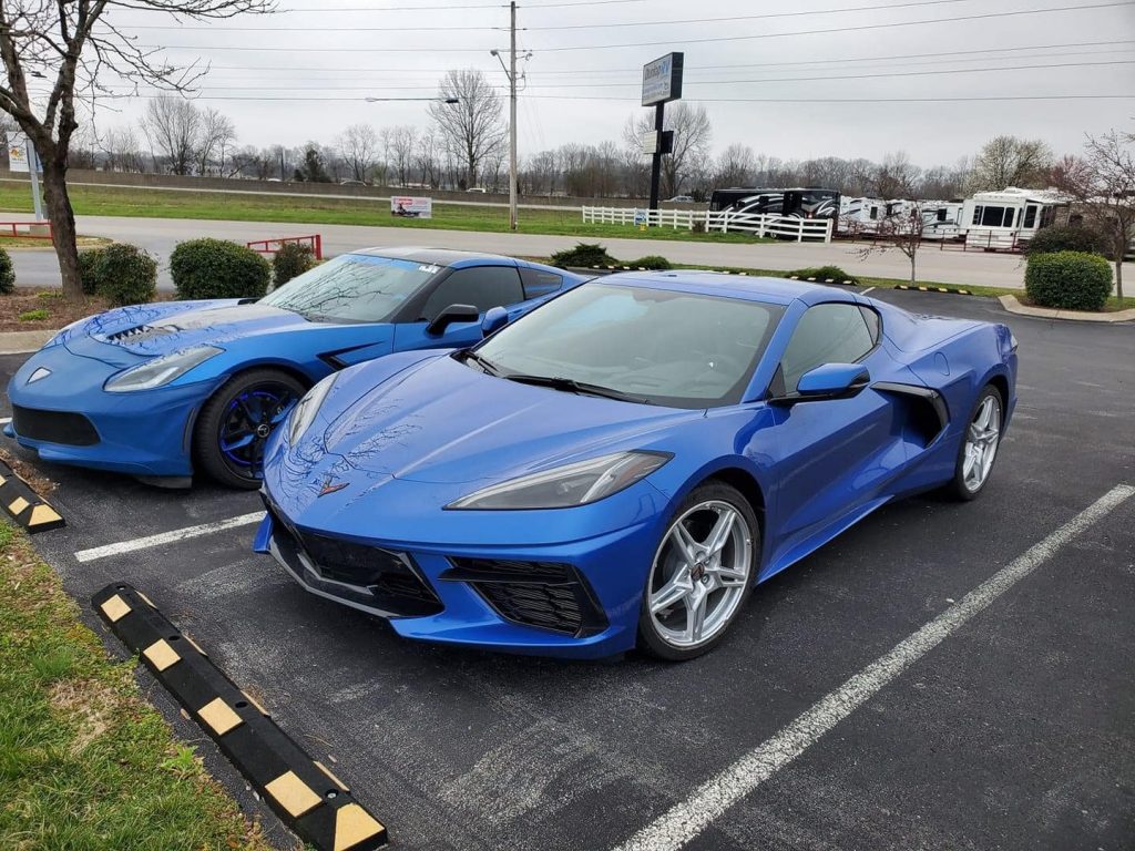 See The C8 Corvette Pictured Alongside Color-Matching C7s | Carscoops