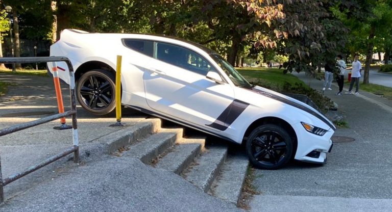 Ford Mustang Somehow Crashes Down Stairs At Canadian University | Carscoops