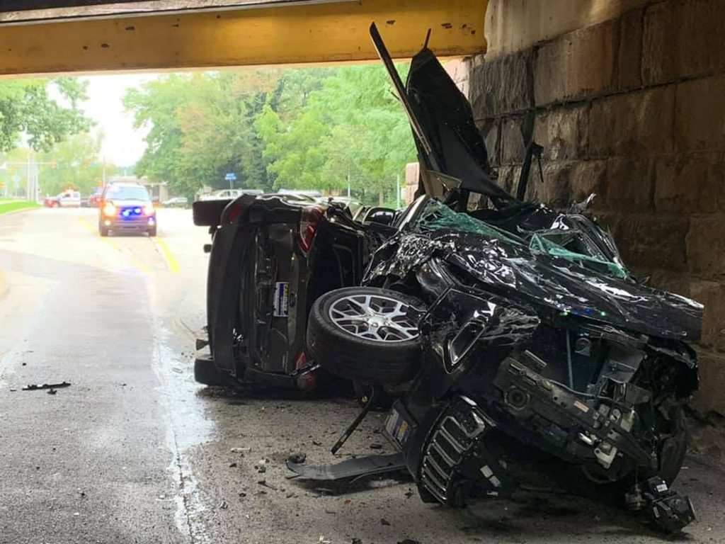 Car Carrying Trailer Crashes Into A Low Bridge Wrecking Two SUVs ...