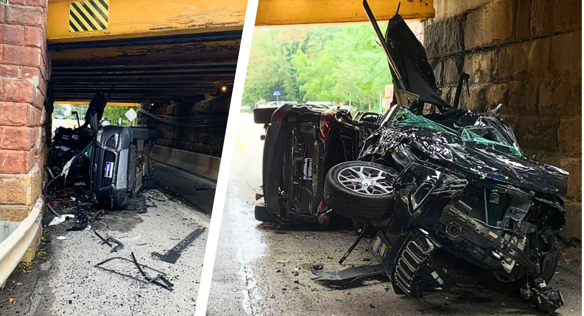Car Carrying Trailer Crashes Into A Low Bridge Wrecking Two SUVs ...