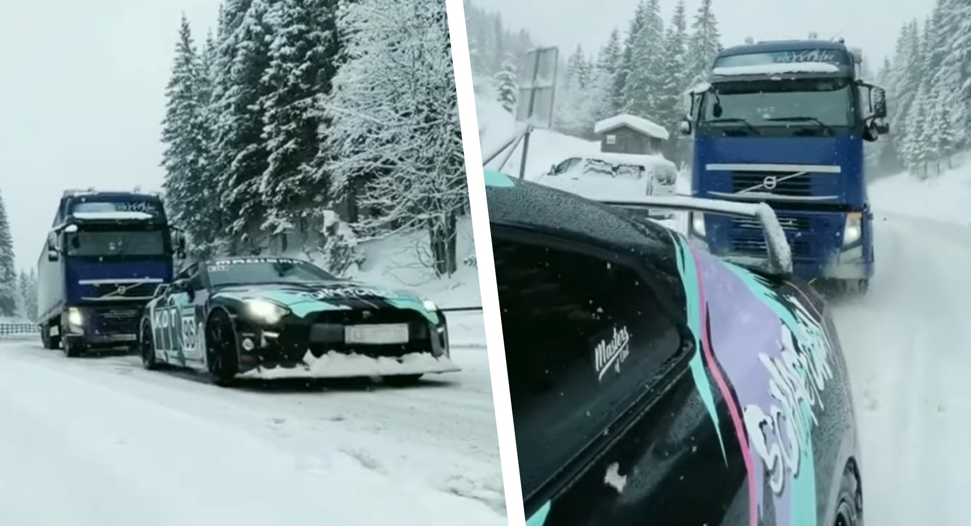 Watch A Tuned Nissan GT-R Tow A Volvo FH Truck In The Snow | Carscoops