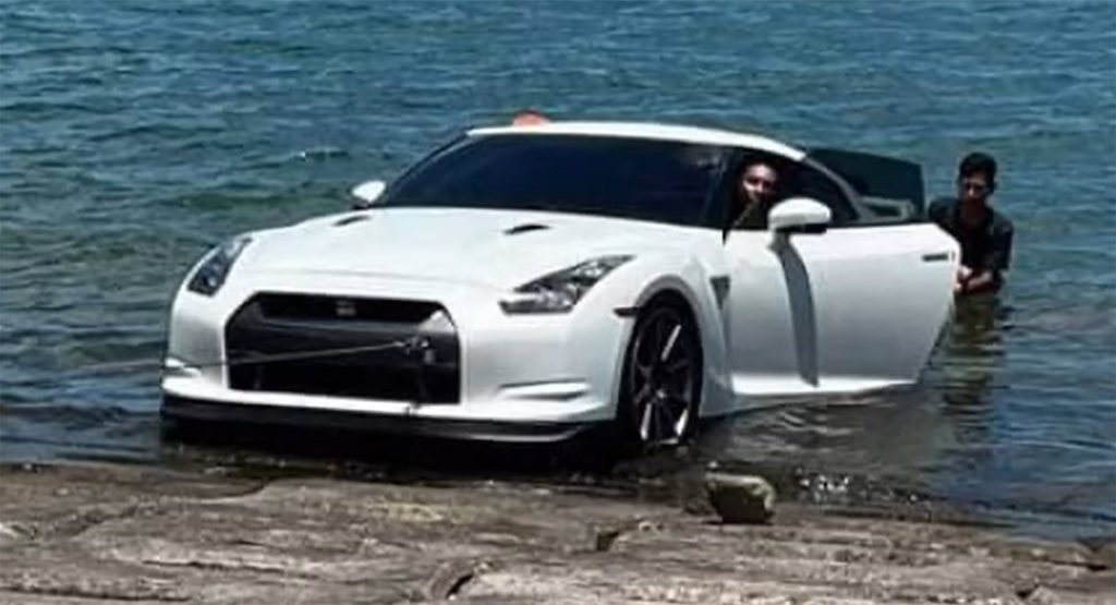 R35 Nissan GT-R Does A Godzilla Impression Falling Into The Sea In The ...