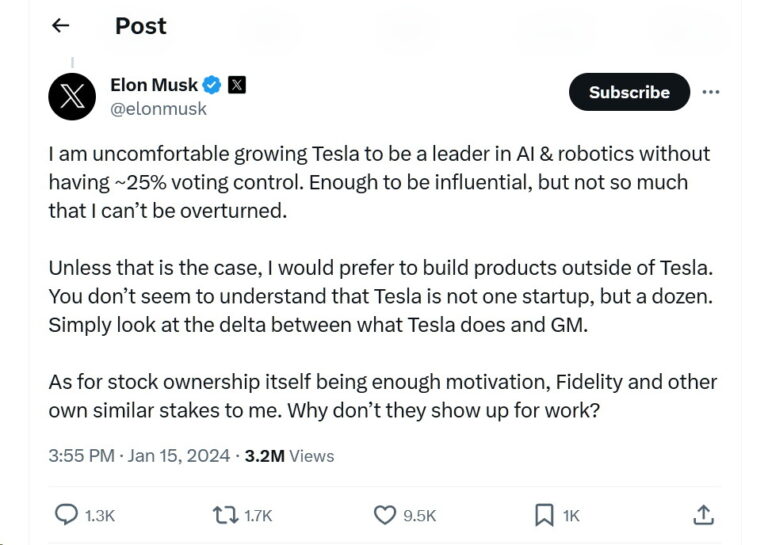 As Tesla Stock Tumbles, Musk Threatens 25% Voting Control Or No AI ...
